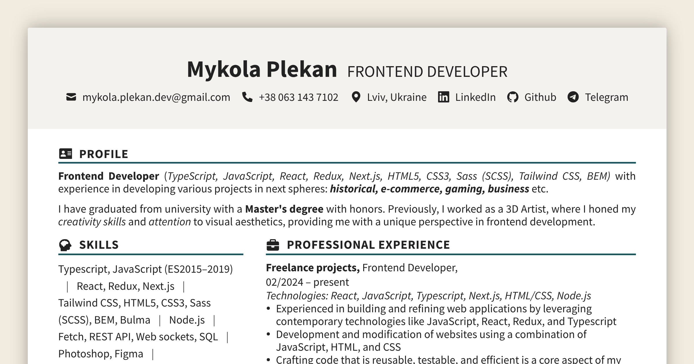 Mykola Plekan – Online Resume