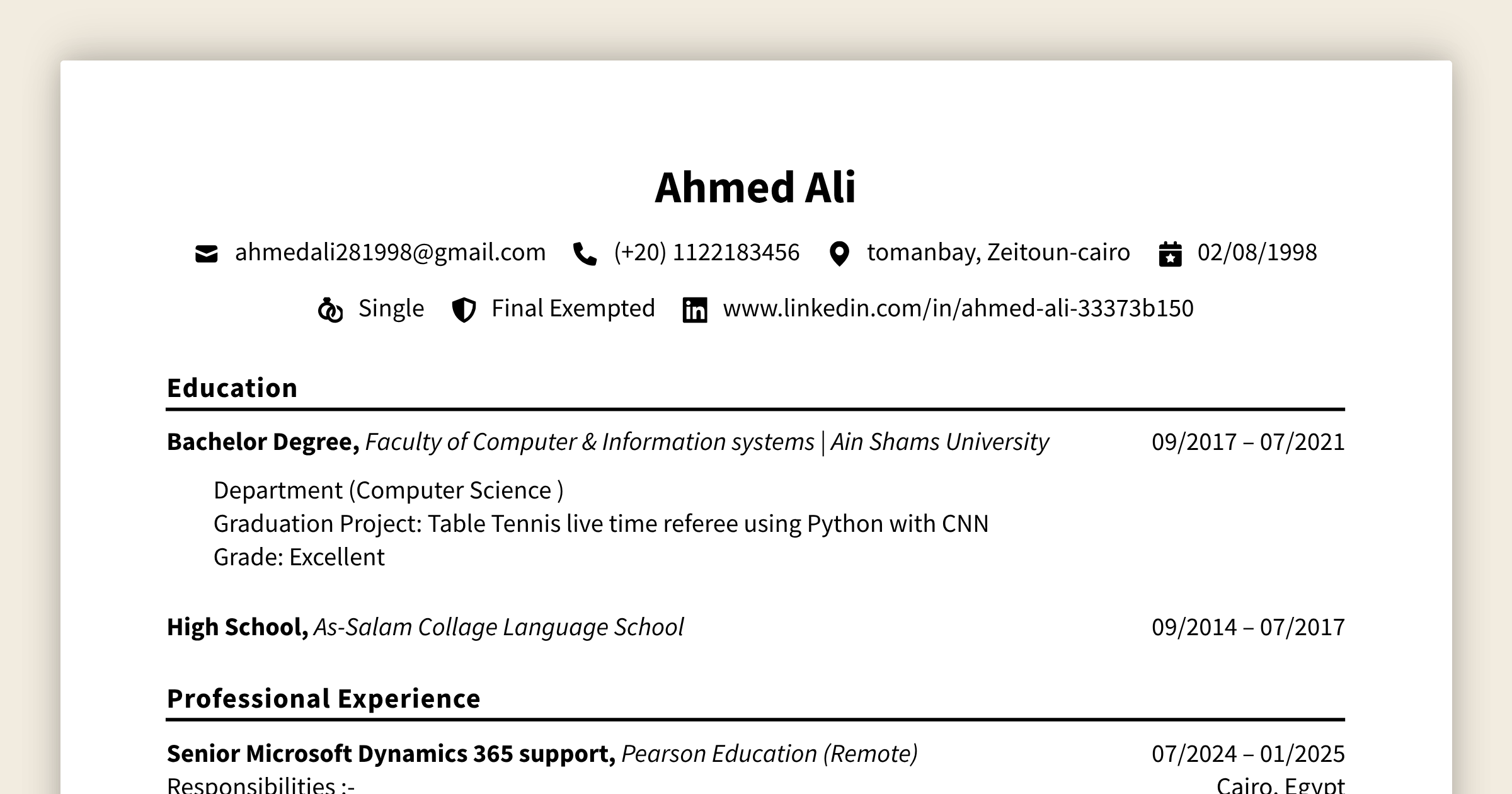 Ahmed Ali – Online Resume