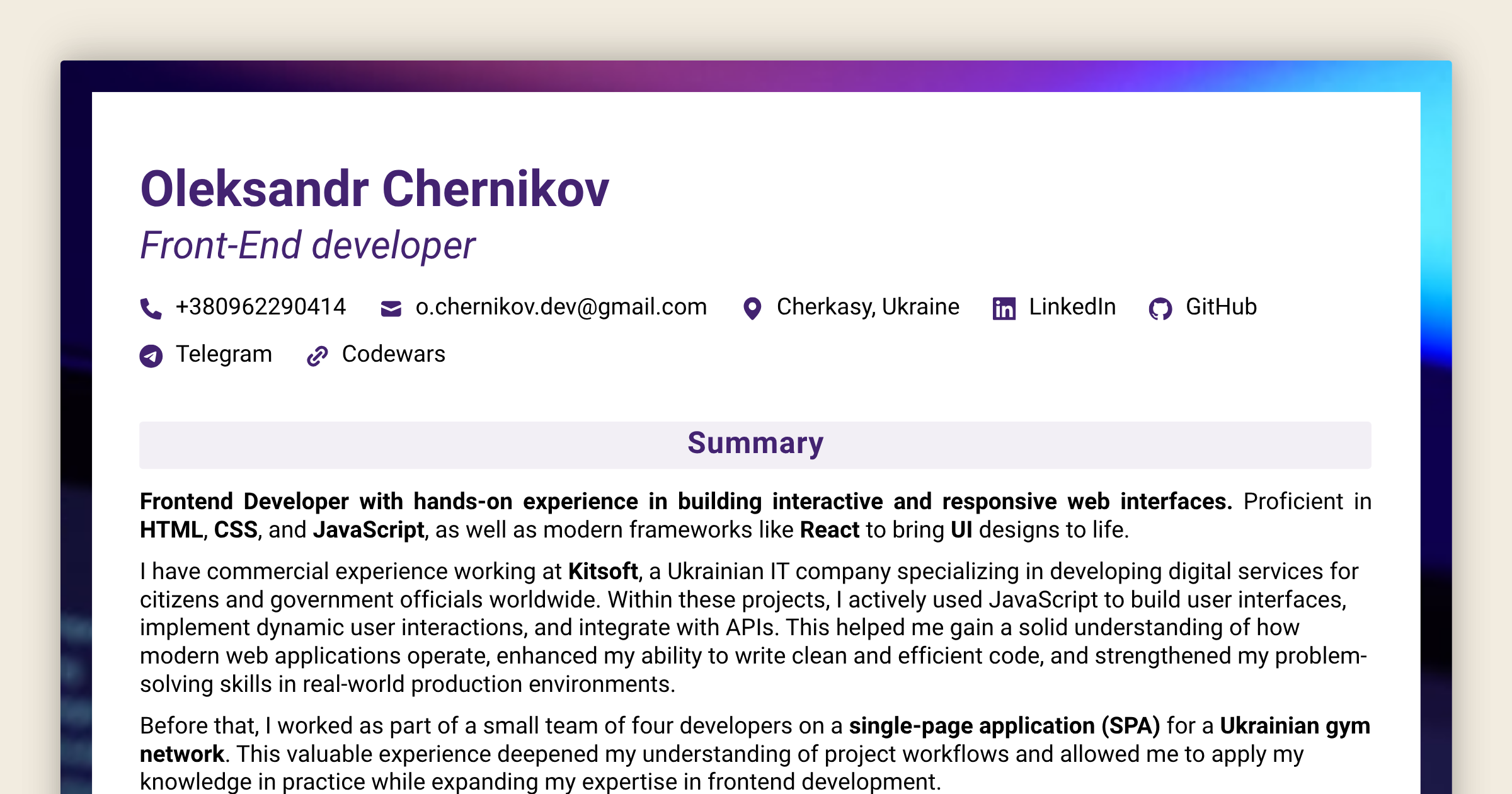 Oleksandr Chernikov – Online Resume