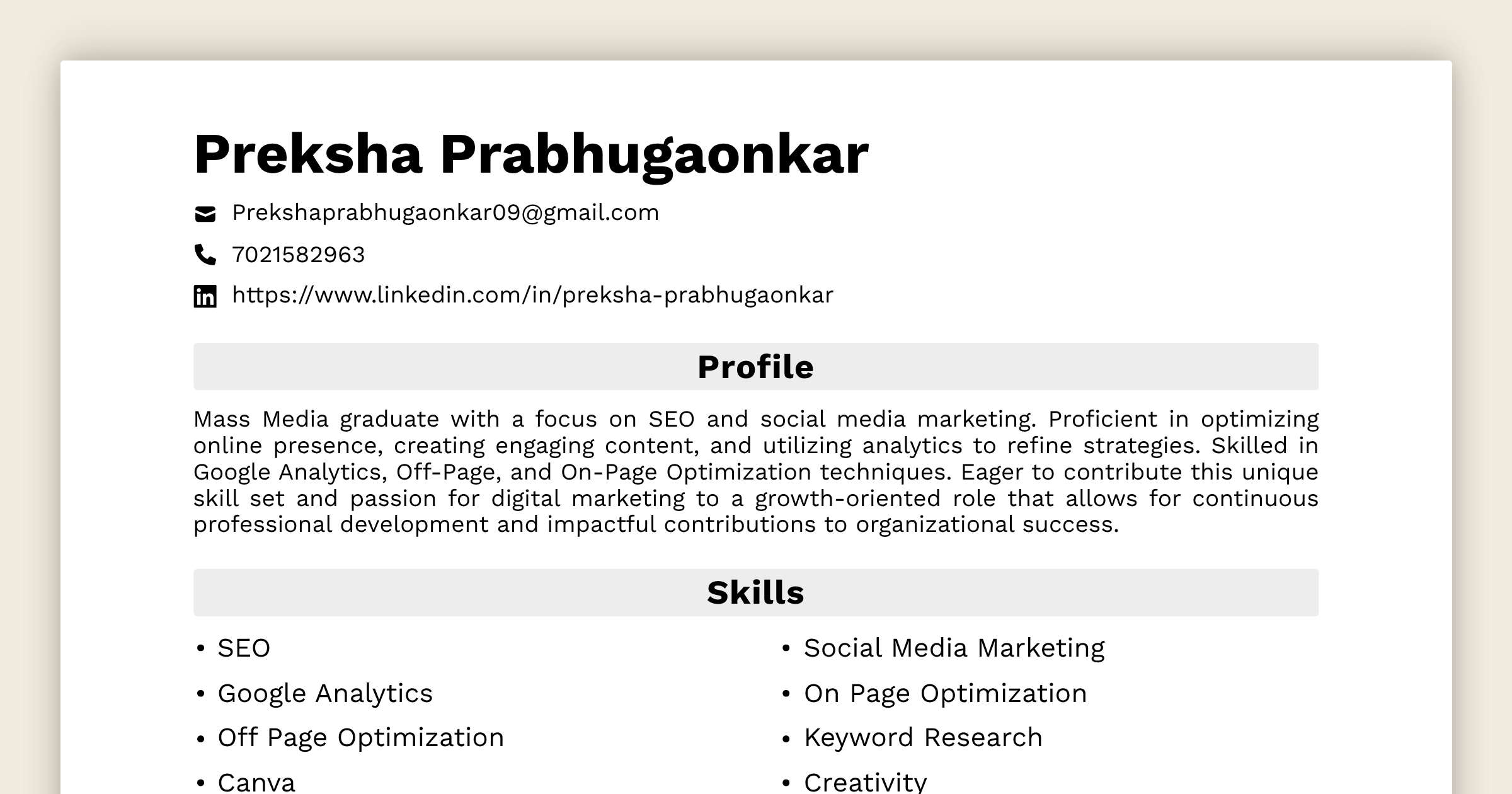 Preksha Prabhugaonkar – Online Resume