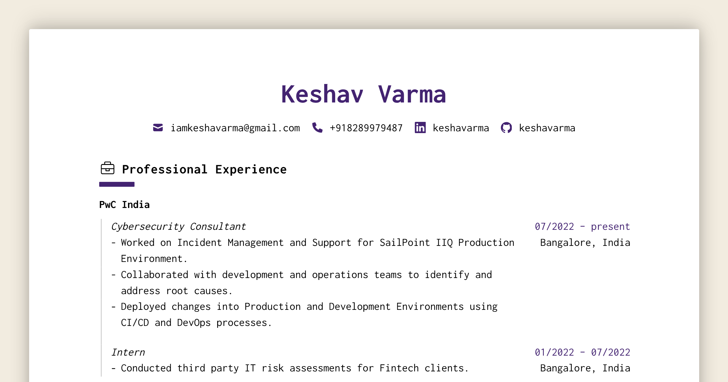 Keshav Varma – Online Resume