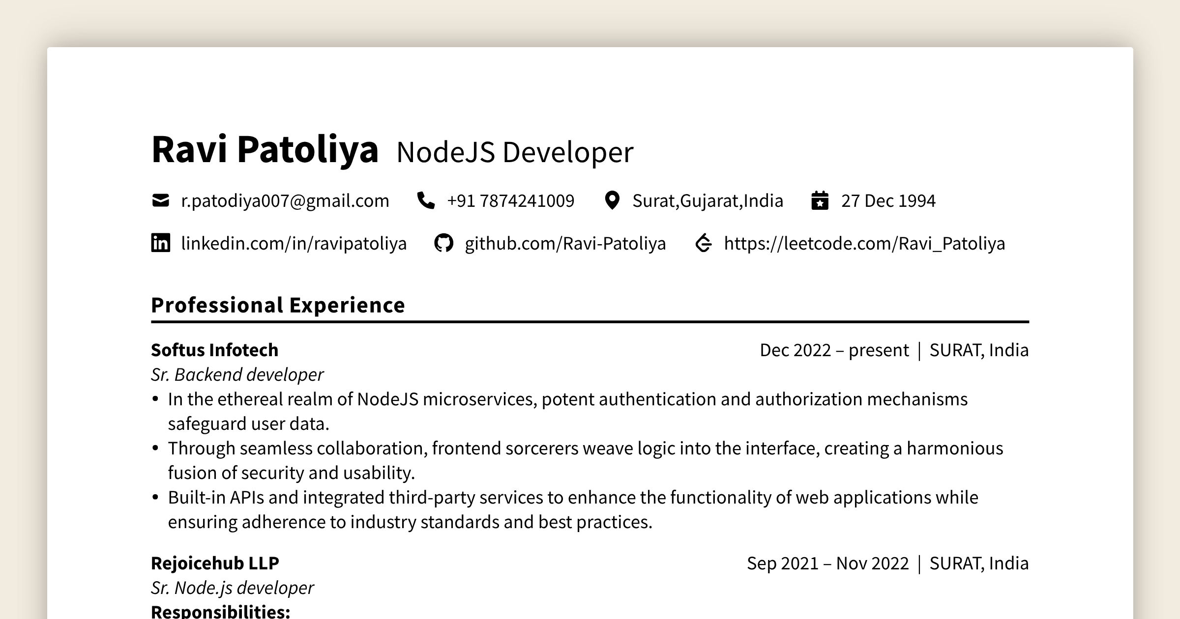 Ravi Patoliya – Online Resume