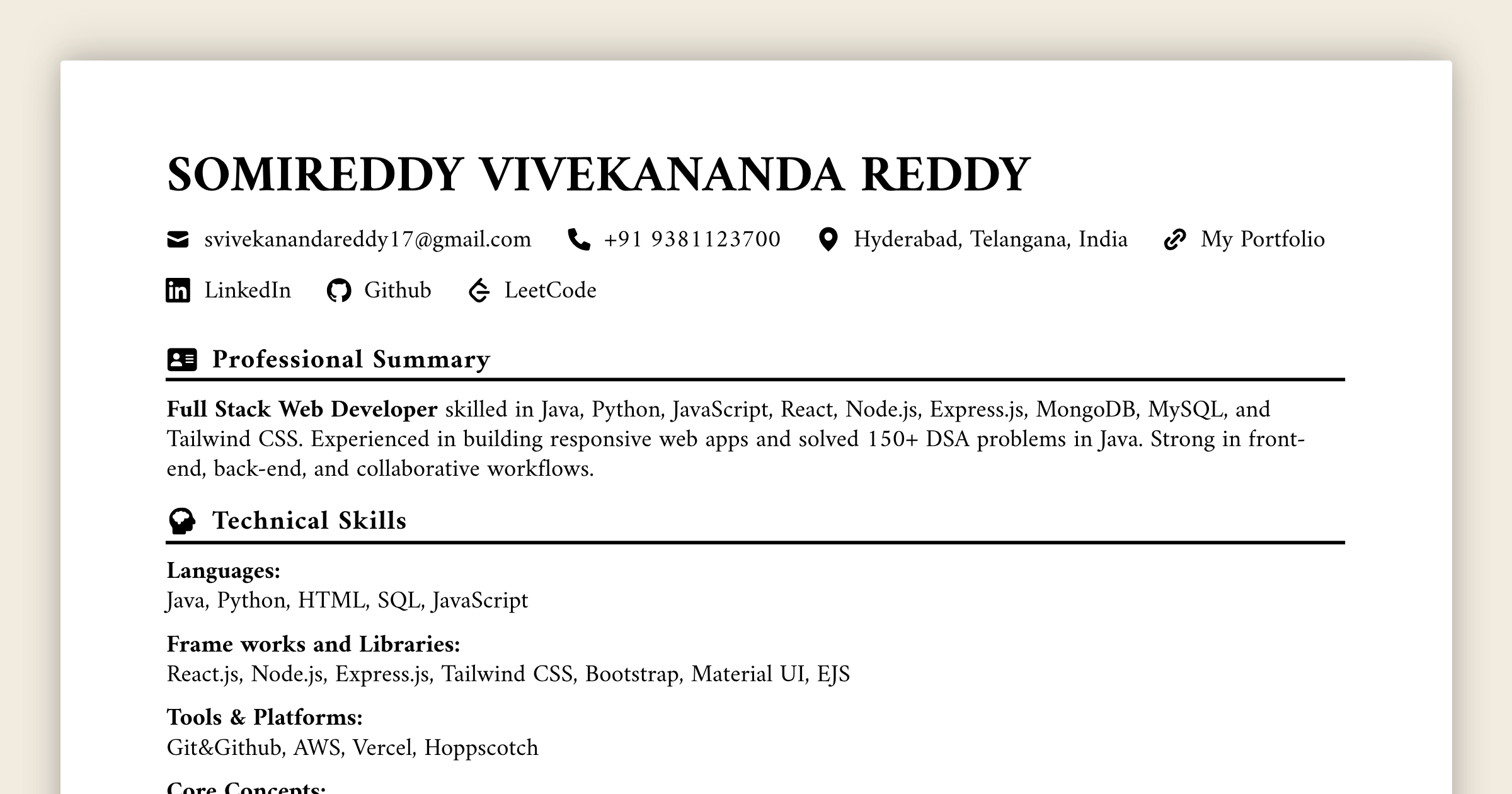 SOMIREDDY VIVEKANANDA REDDY – Online Resume