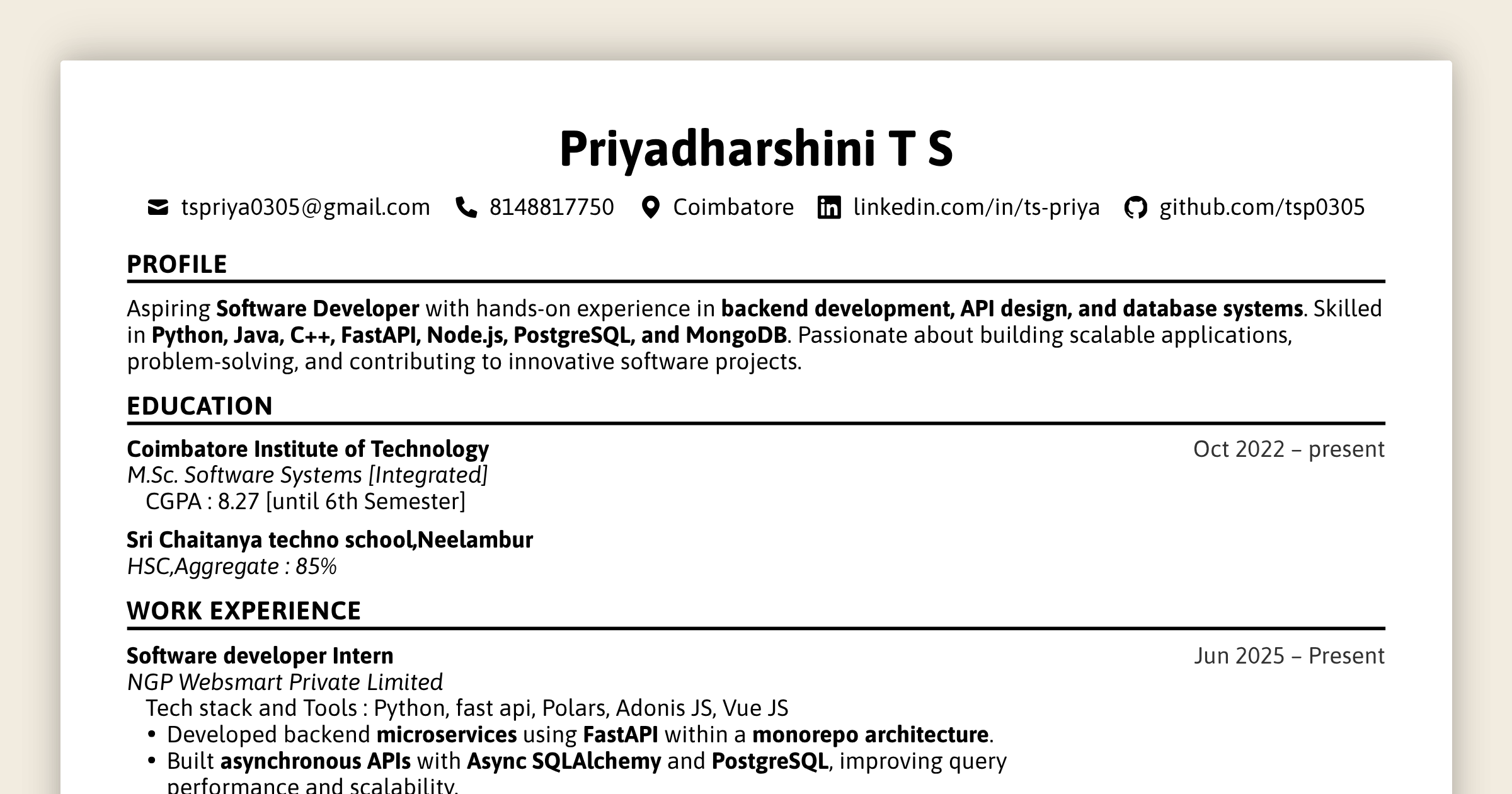 Priyadharshini T S – Online Resume