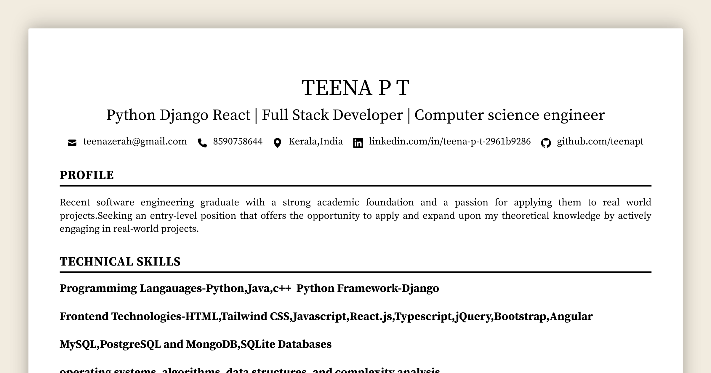 TEENA P T – Online Resume