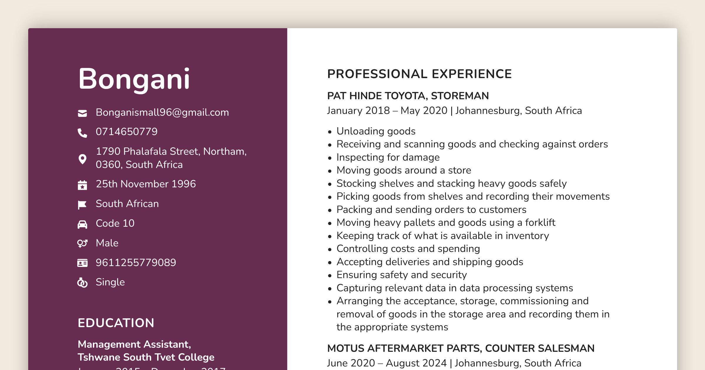 Bongani – Online Resume