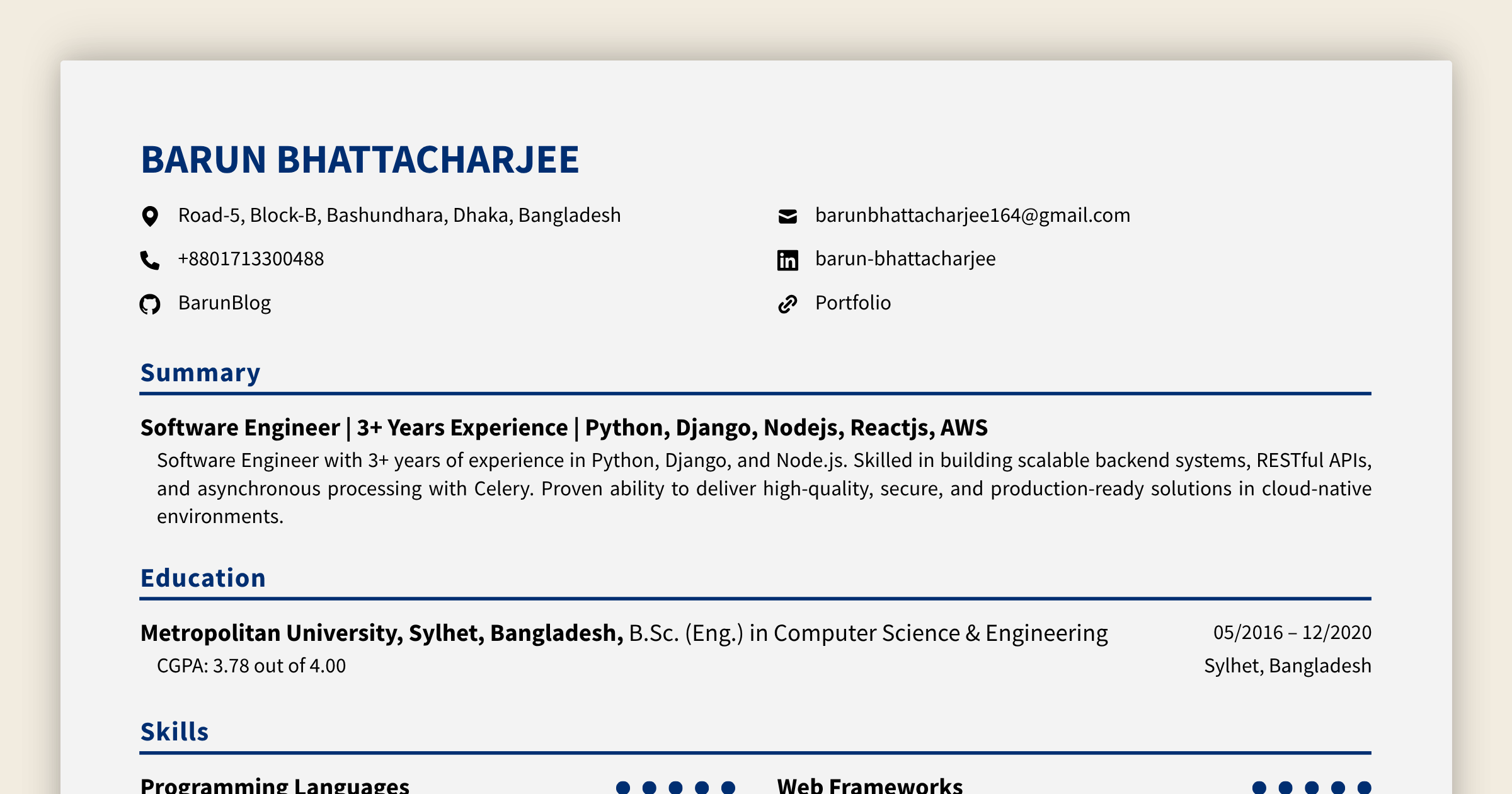 BARUN BHATTACHARJEE – Online Resume