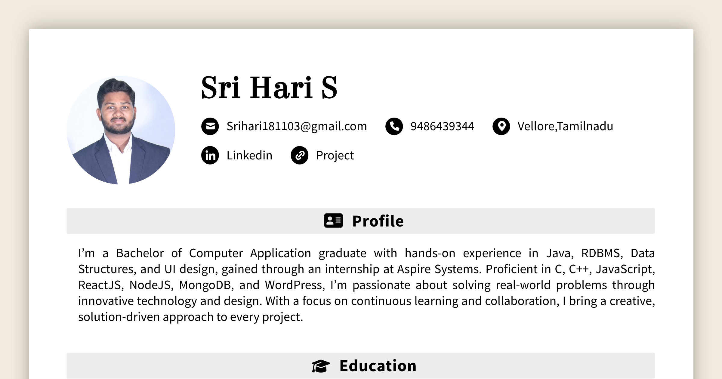 Sri Hari S – Online Resume