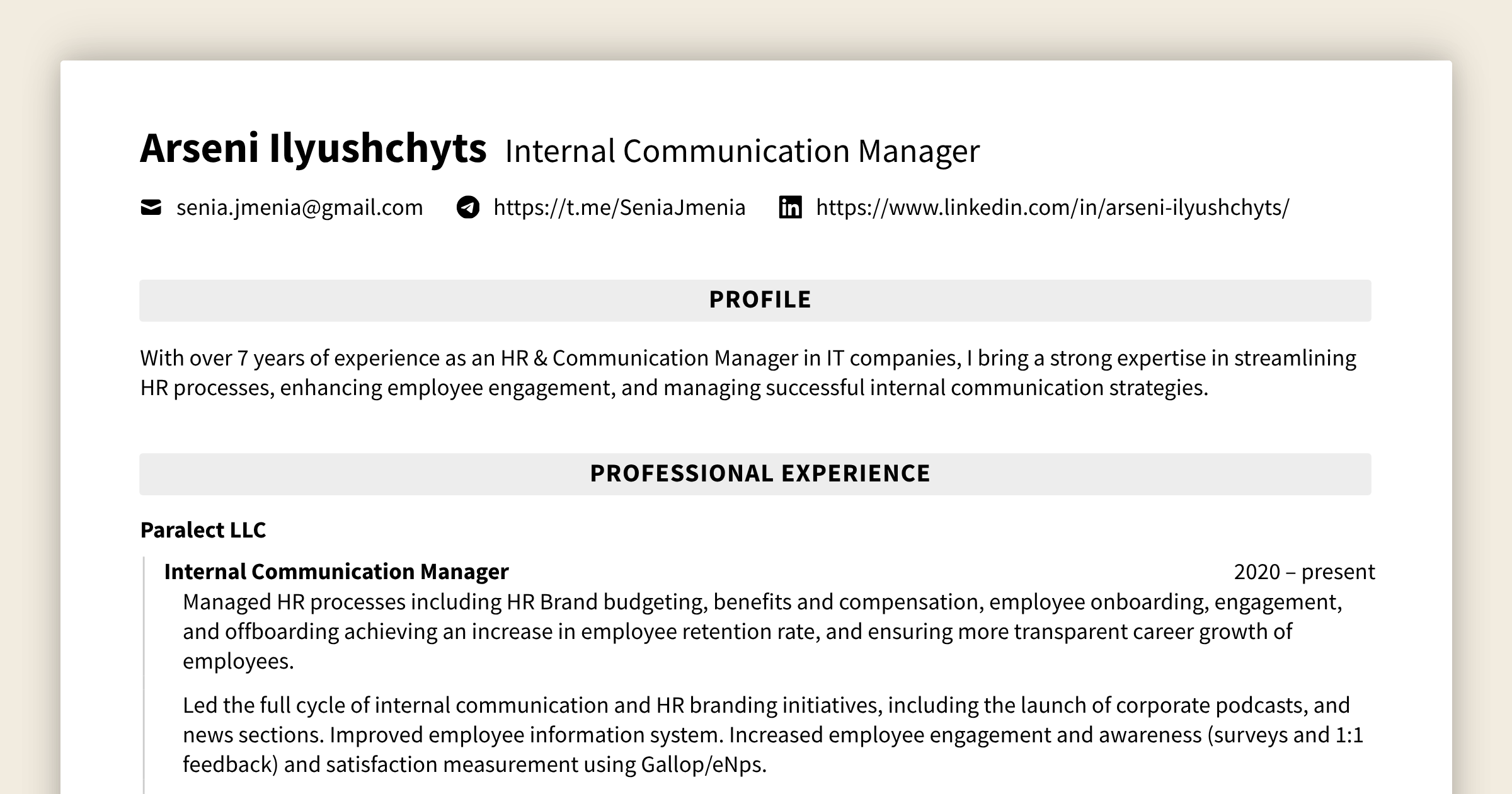 Arseni Ilyushchyts – Online Resume