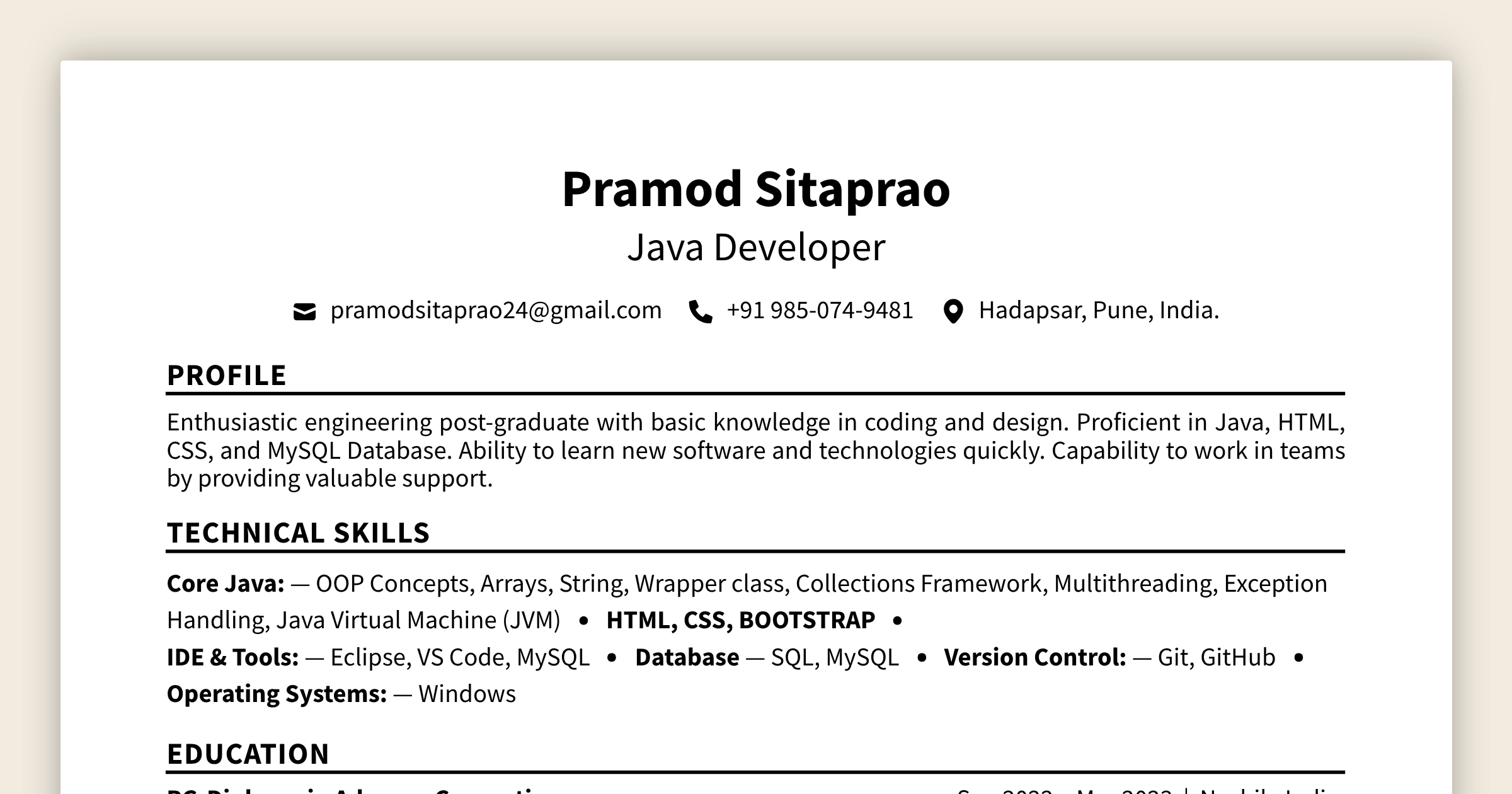 Pramod Sitaprao – Online Resume